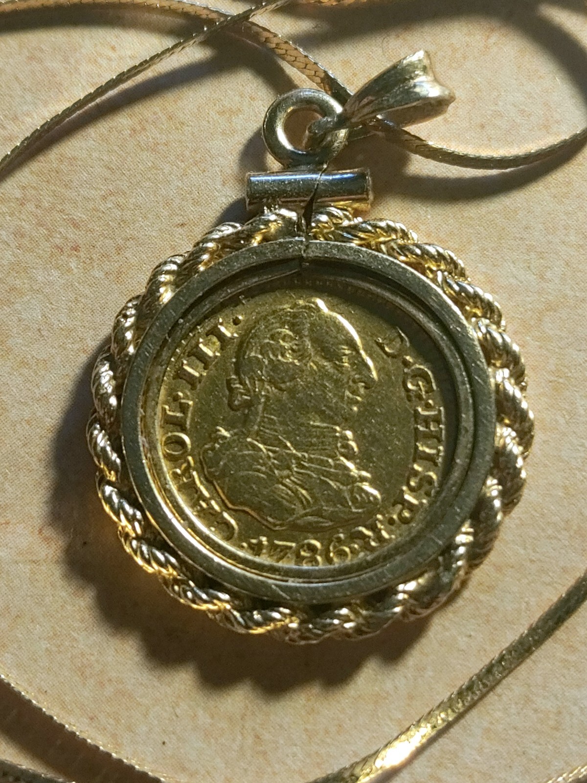 1786 Spanish .875 Gold Half Escudo 14K Gold Pendant 18" 14K Gold Flat ...