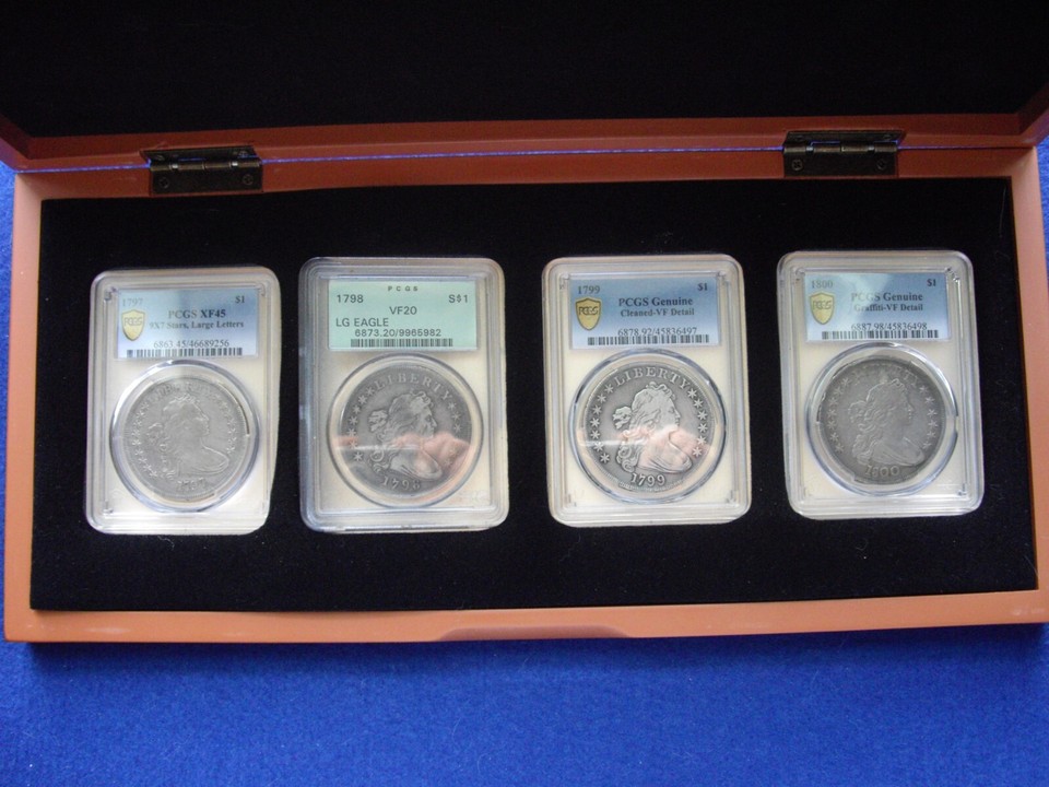 4 Coin Lot~ 1797-1800 PCGS Draped Bust Dollars ~ Wood Display Box ~Free ...