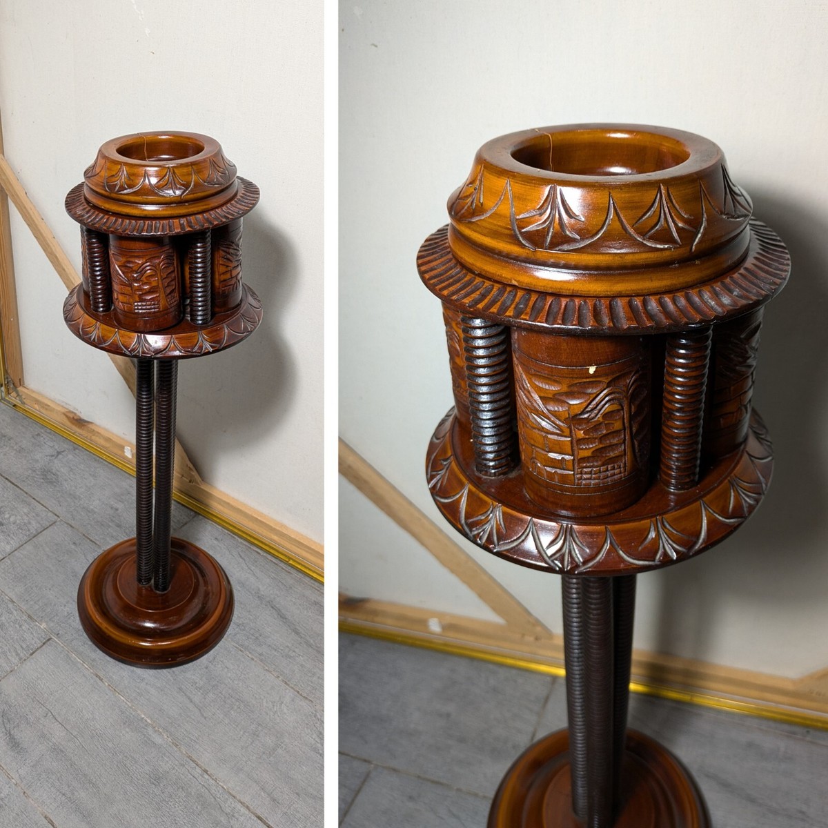 Antique Ashtray Stands Wood Arts & Crafts Wood Hammered Copper Mission