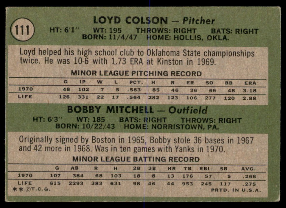 1971 Topps #111 Yankees 1971 Rookie Stars (Loyd Colson / Bobby Mitchell ...