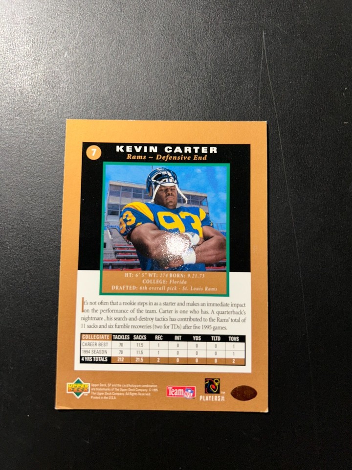 1995 UPPER DECK SP FOOTBALL CARD KEVIN CARTER #7 RC PREMIER PROSPECTS ...