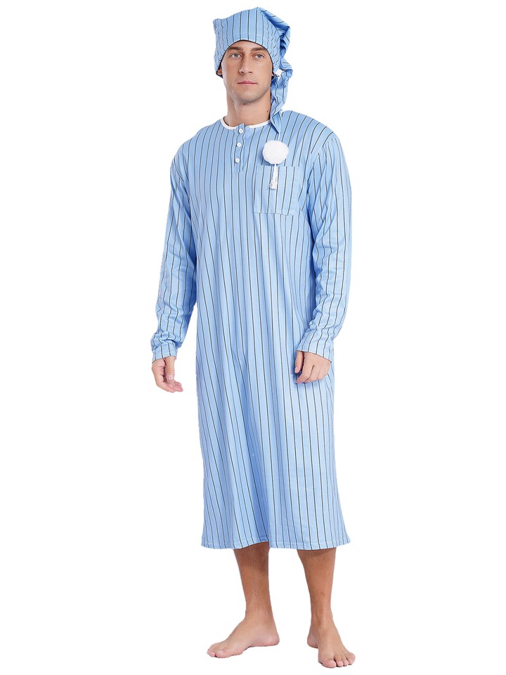 Mens Striped Sleepwear Long Sleeve Nightshirt Night Pajama Set with ...