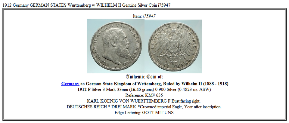 1912 Germany GERMAN STATES Wurttemberg w WILHELM II Genuine Silver Coin ...