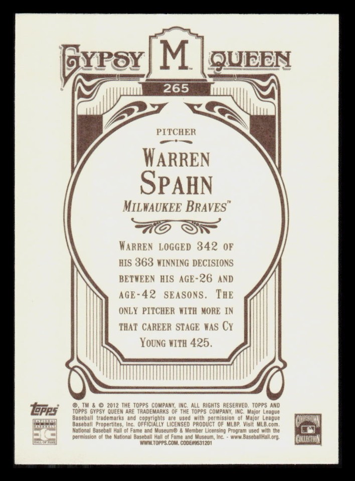 2012 Topps Gypsy Queen Warren Spahn #265 Milwaukee Braves | eBay