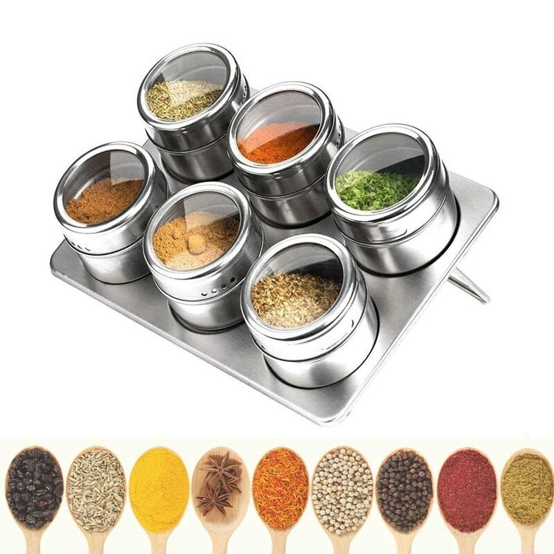 4/6/9/12 Magnetic Spice Jar w Rack Stainless Steel Spice Sauce Storage ...