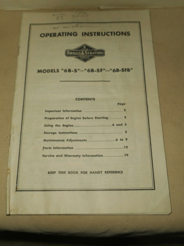 BRIGGS & STRATTON Engine Operating Instructions Manual Models 6B-S 6B ...