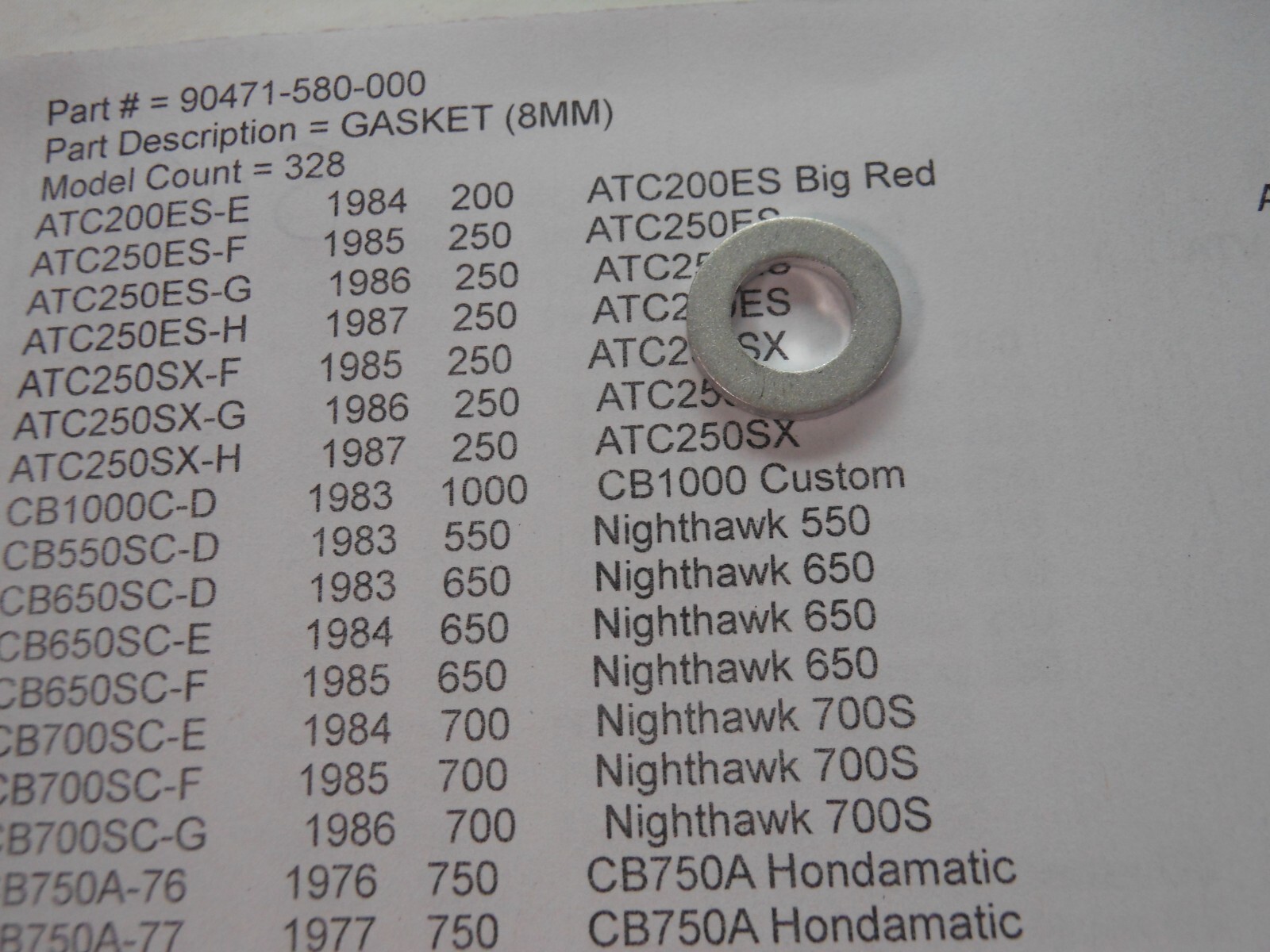 Honda, NOS, CB1000, CX500, GL1000, PC800, Gasket (8mm), # 90471-580-000 ...