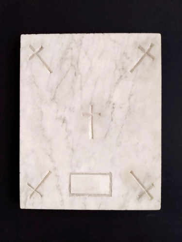 Vtg marble Catholic Altar Stone, relic(s) inside, five beveled crosses ...