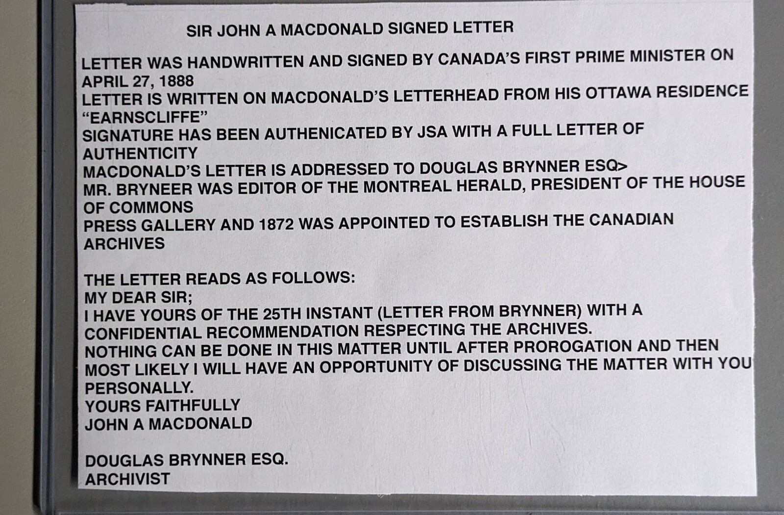 1888 Sir John A MacDonald Handwritten Signed Letter Canadian Prime ...