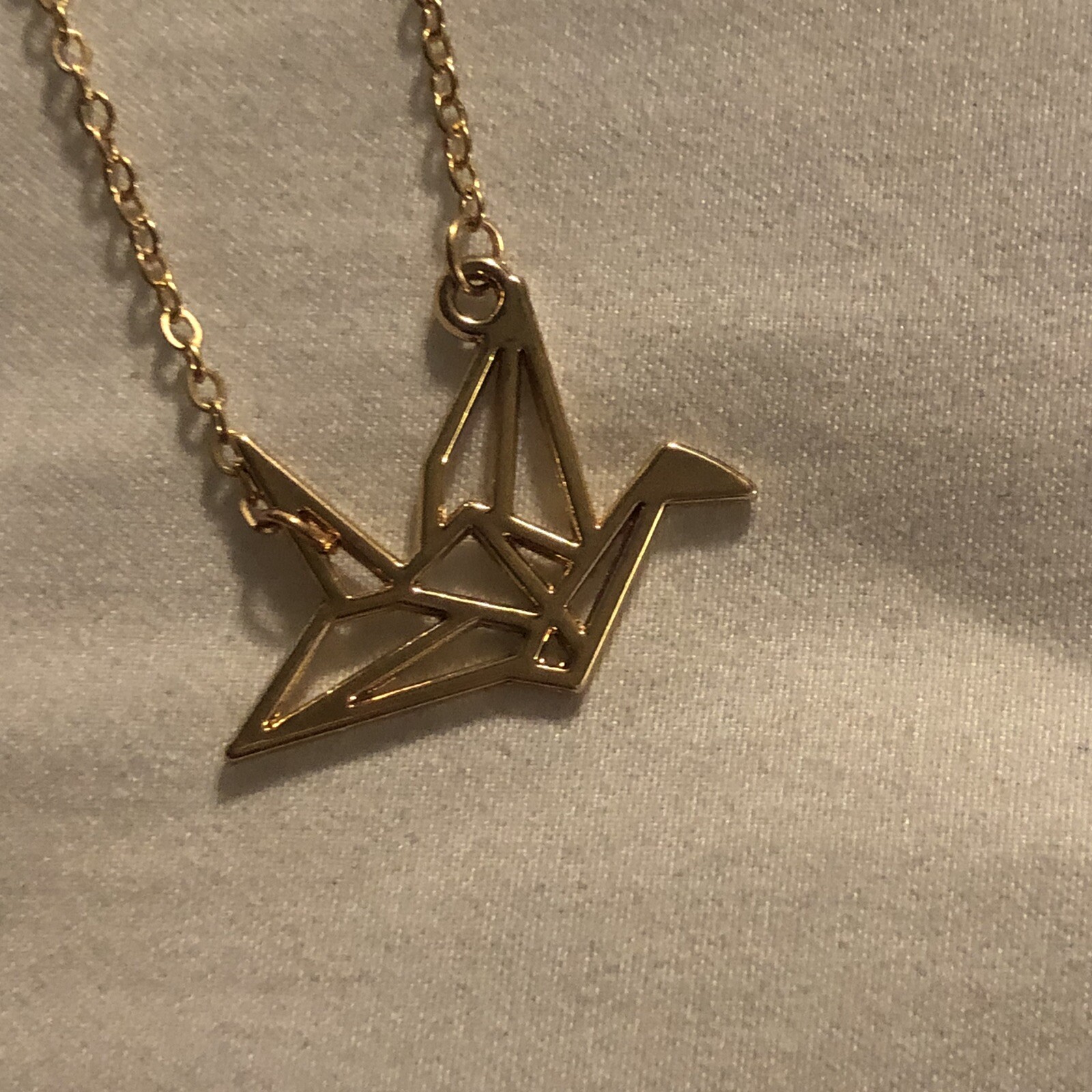 Cute Goldtone Origami Crane Pendant and Chain EUC - Gem