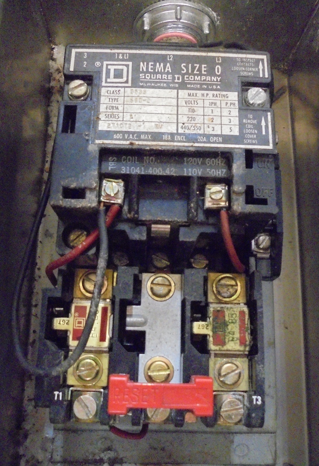 SQUARE D STARTER NEMA SIZE 0 CLASS 8536, TYPE SB0-2, SER. A, 3 PHASE ...