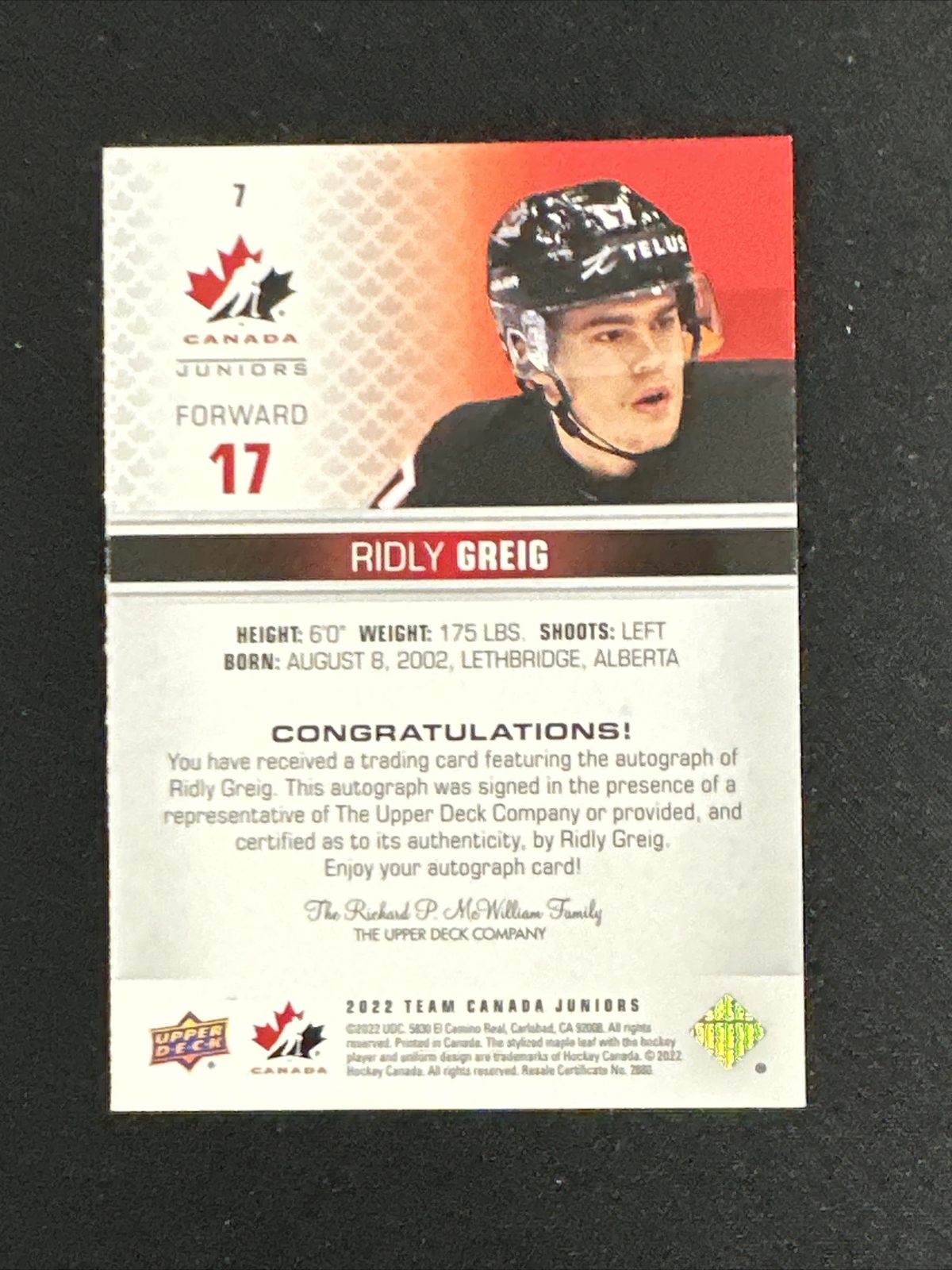 2022-22 UD Team Canada Juniors Ridley Greig Rookie Auto Gold! | eBay