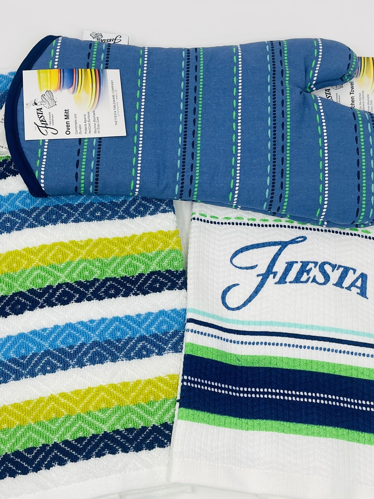 NEW Fiesta Logo & Blue Striped Kitchen Towels W/ Matching Oven Mitt Set ...
