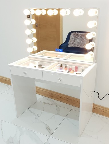 Dressing Table Vanity Station Clear Glass Top Salon Grade High-Gloss ...