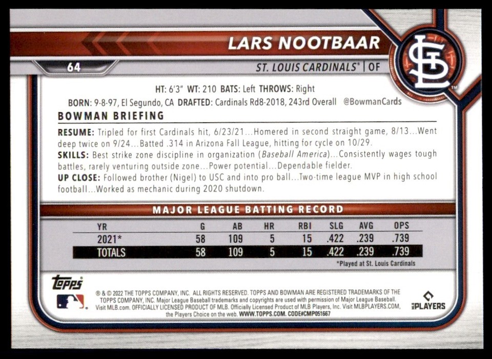 Lars Nootbaar 2022 Bowman Rookie Card RC !! #64 St. Louis Cardinals | eBay