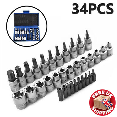 34 Pcs Drive Male Female Torx Star Bit Socket E-socket Set Handheld ...