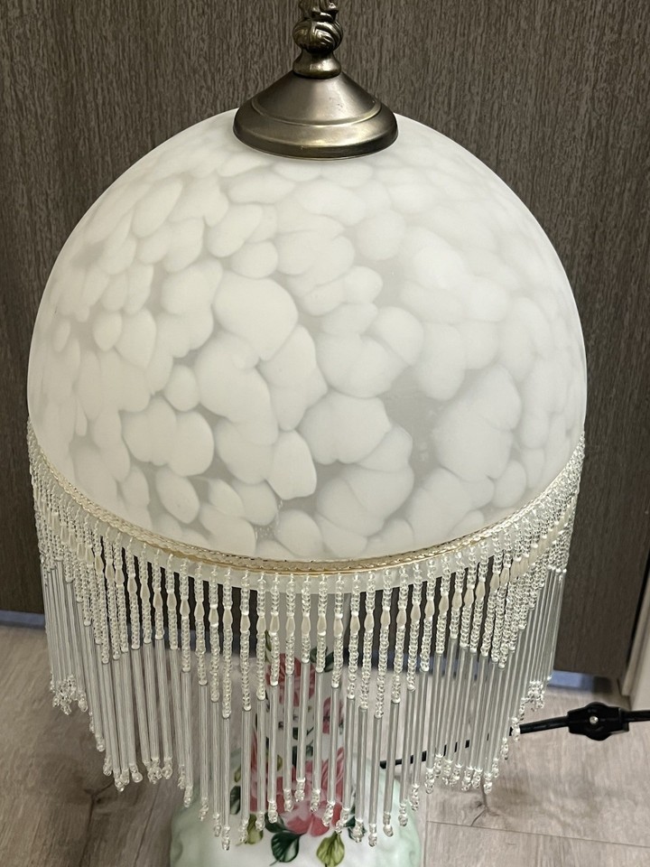 Shabby Chic Hand Painted Boudoir Table Lamp With Beaded Fringe Glass ...