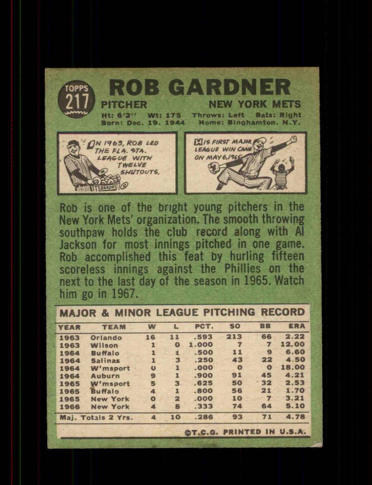 1967 ROB GARDNER TOPPS #217 METS *G6436 | eBay