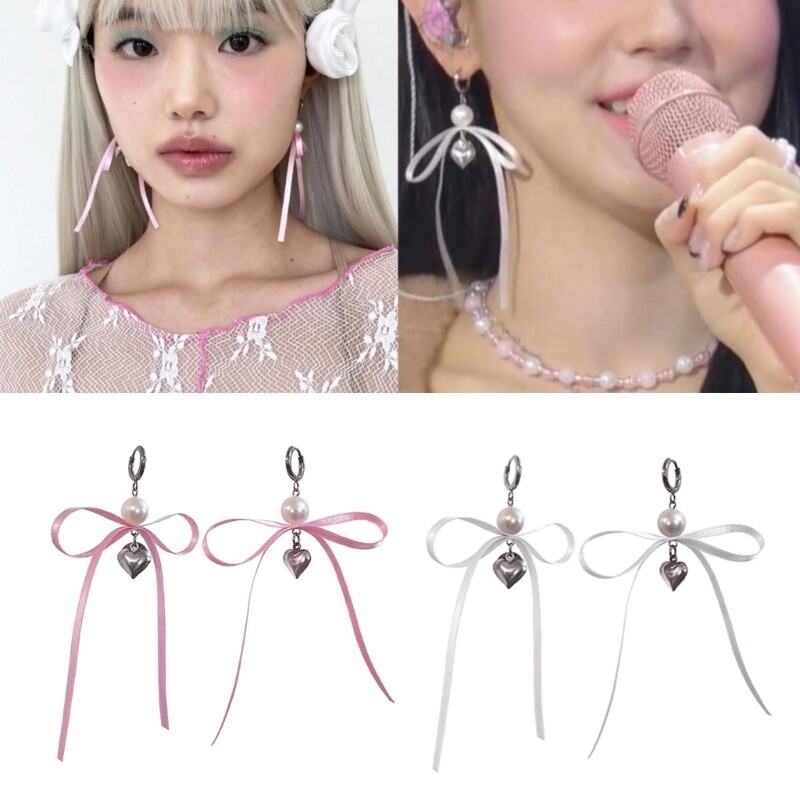 Ribbon Bowknot Charm Earring Fashion Heart Dangle Earrings Simple Ear ...