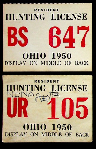 Ohio Resident Lot Of 2 Hunting License Tags 1950 Malinta E. Cleveland ...