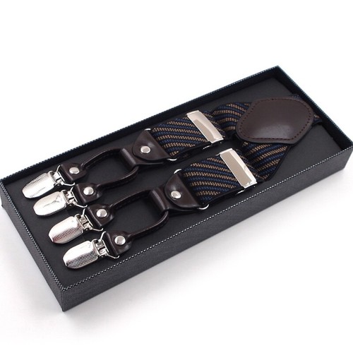 Men Stripe Y-Shape Suspender With 6 Clips Elastic Adjustable Pant Brace ...