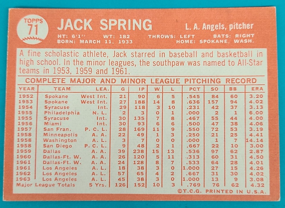 1964 Topps #71 Jack Spring Los Angeles Angels BASEBALL Card N4 | eBay