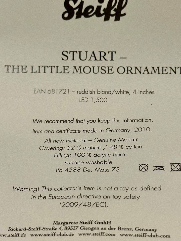 Steiff Stuart the Little Mouse Ornament 4" 2009 LE 205/1500 #681721 | eBay