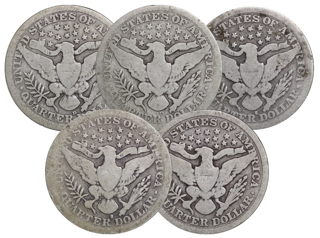 Barber Quarter Lot of 5 Coins 25c Piece GOOD+ RANDOM DATE SILVER ...