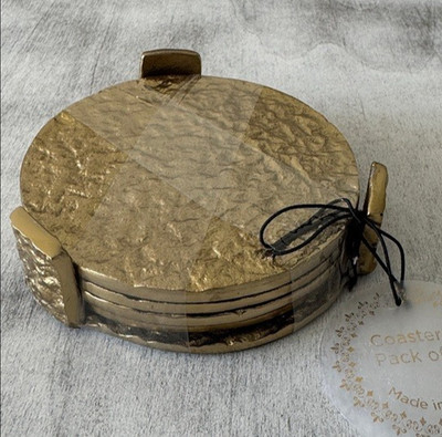 Gold Textured Hammered Metal Round Coaster Set of 4 on Standard India D ...