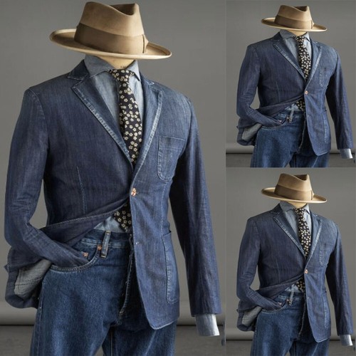 Vintage Denim Men's Suits 2Pcs Party Formal Blazer Cowboy Jackets ...