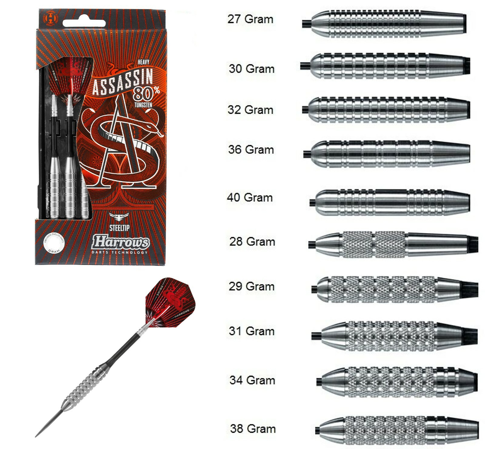 Harrows Assassin Darts - Steel Tip 80% Tungsten - Heavy Weight - 27g to ...