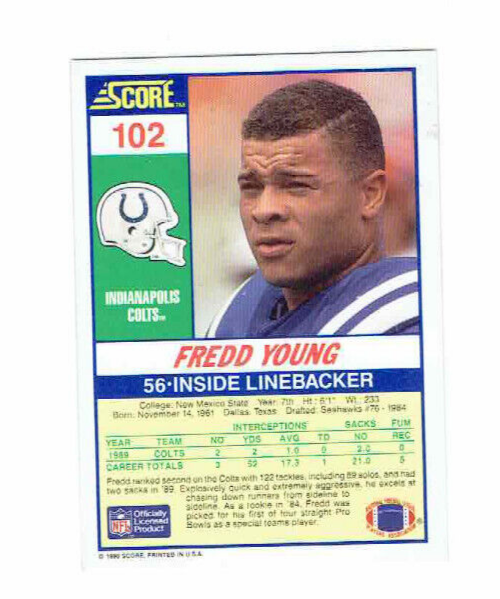 Fredd Young Indianapolis Colts #56 ISLB #102 Score 1990 Football Card ...