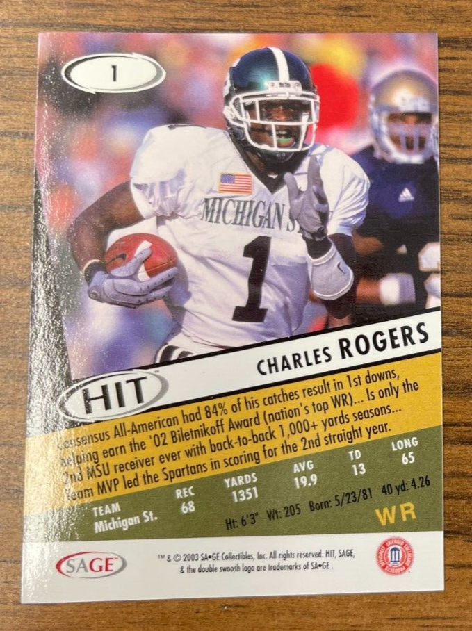 2003 Sage Card # 1 Charles Rogers - Michigan State Spartans | eBay