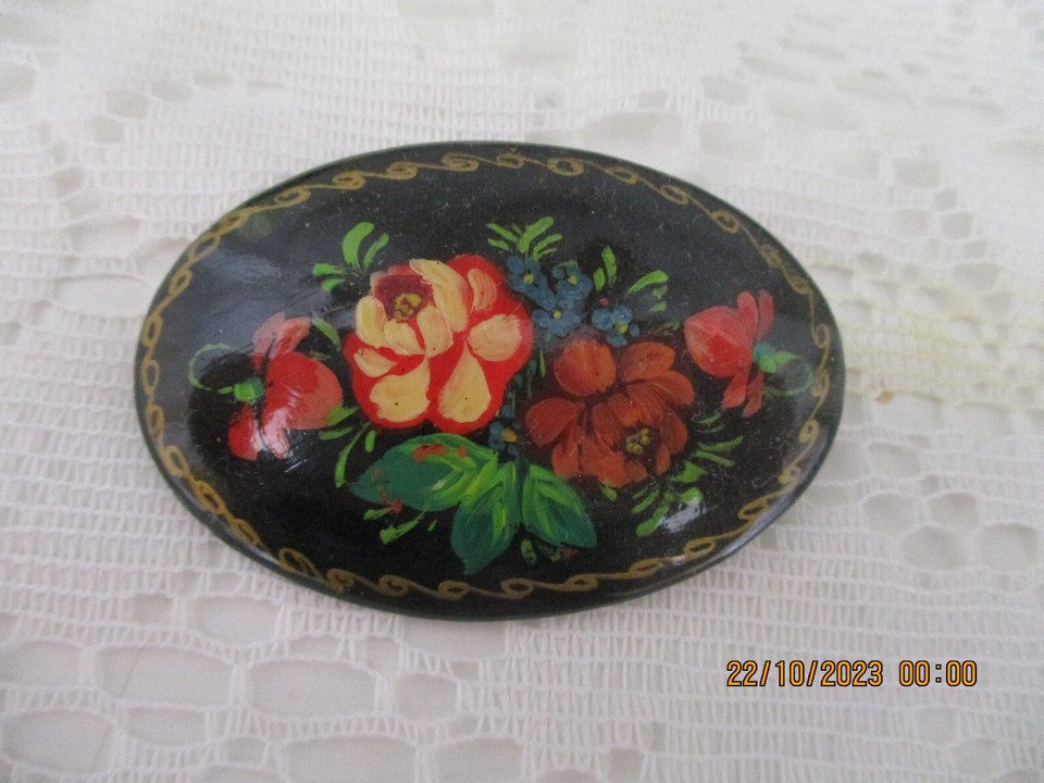 (3) VTG. HAND PAINTED RUSSIAN PINS ALL SIGNED BY ARTIST FLOWERS ...