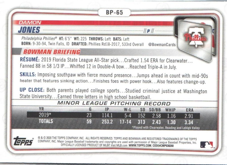 2020 Bowman #BP-65 Damon Jones Prospects | eBay