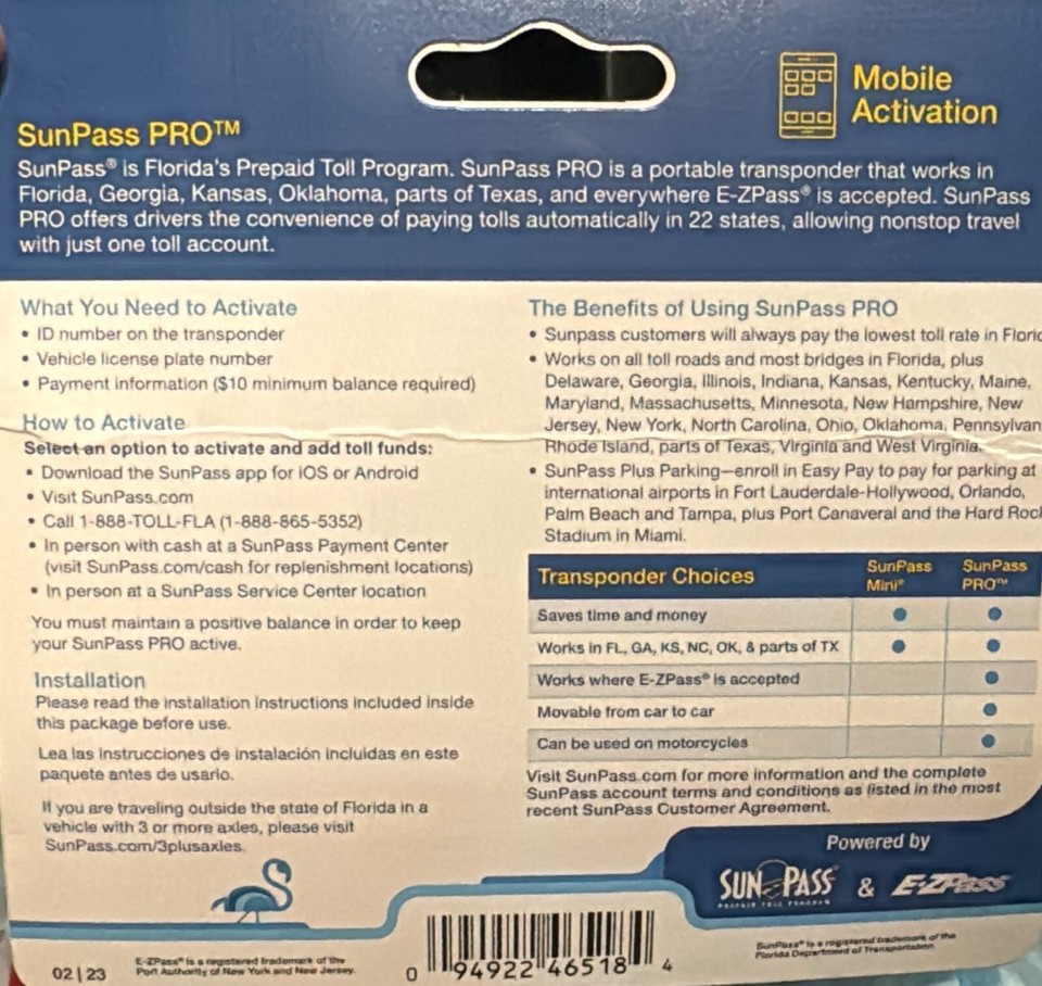 SunPass Pro Ezpass Compatible Fl GA NC NY NJ PA DE IL IN KS KY ME MD MA ...