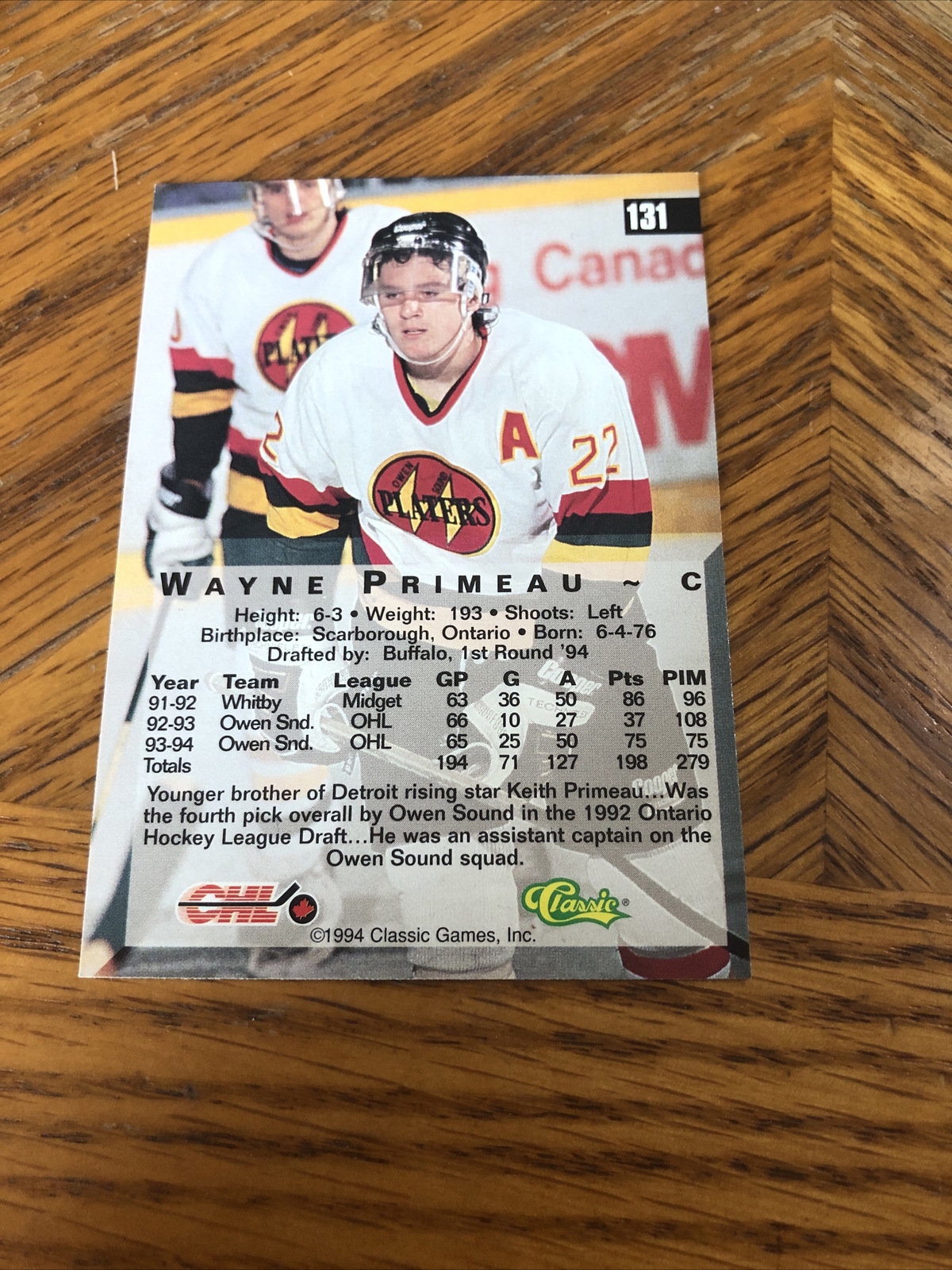 1994-95 CLASSIC 4 SPORT WAYNE PRIMEAU BUFFALO SABRES #131 XRC | eBay