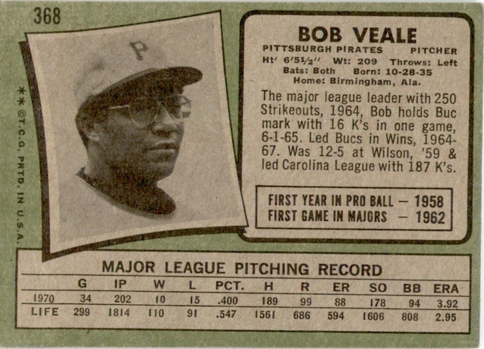1971 TOPPS BOB VEALE PITTSBURGH PIRATES #368 EXMT-NM | eBay