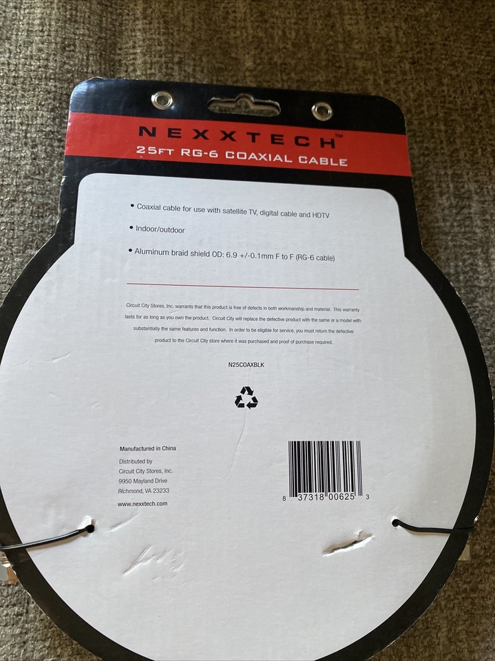 NEXXTECH RG-6 Coaxial Cable 25 ft 7.6m HDTV Audio Video Aluminum Braid ...