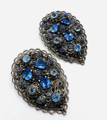 Matched Pair Royal Blue Rhinestone Dress Clips Czech Ornate Vintage ...