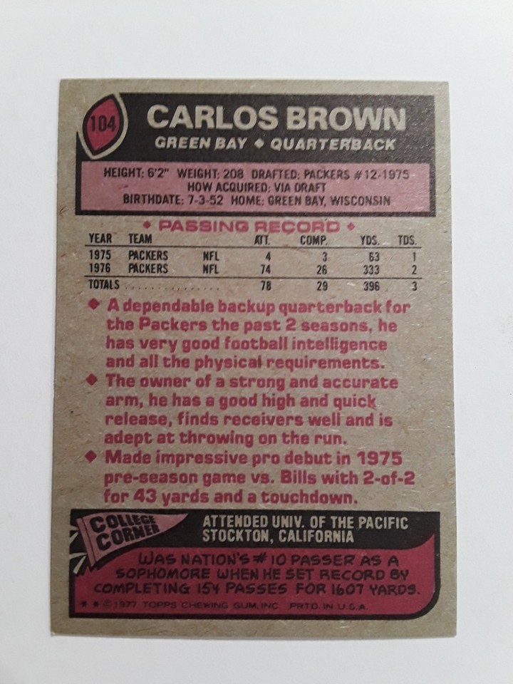 1977 Topps Carlos Brown Rookie #104 football card Green Bay Packers ...