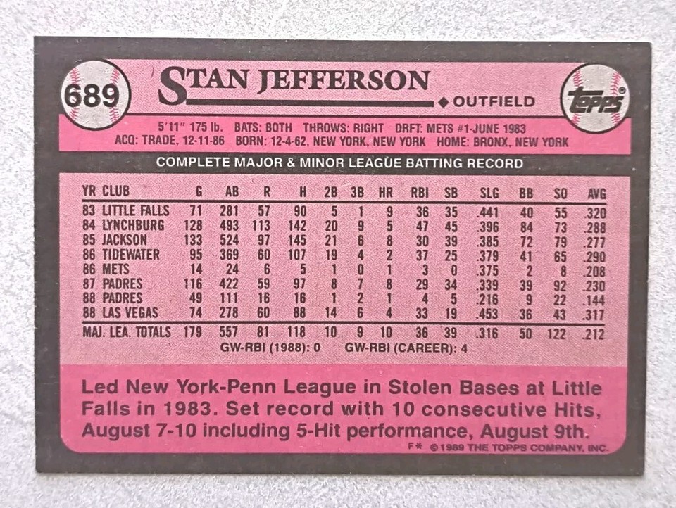 Stan Jefferson 1989 Topps Error #689 Pink | eBay