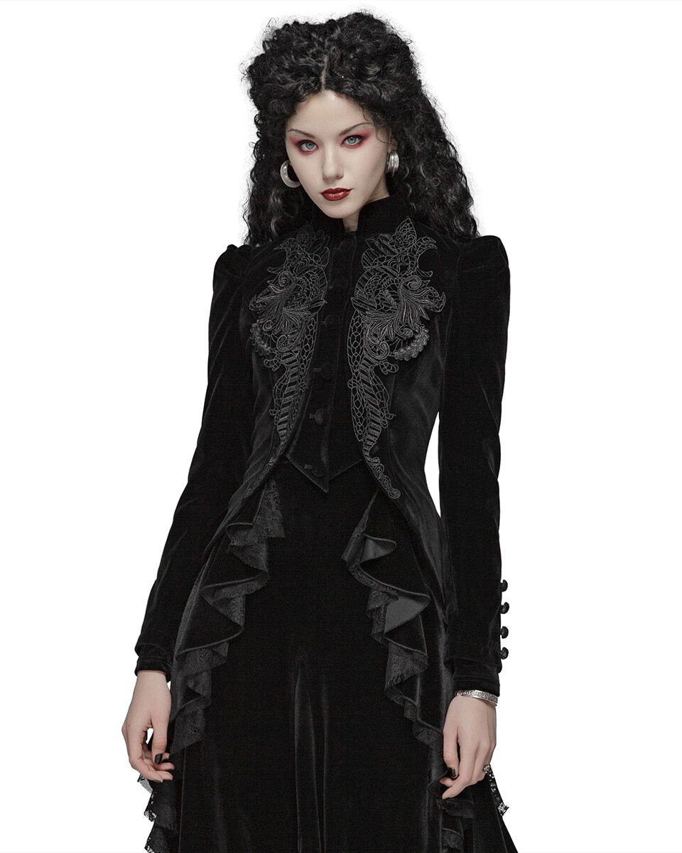 Punk Rave Womens Gothic Riding Jacket Coat Black Velvet Lace Steampunk ...