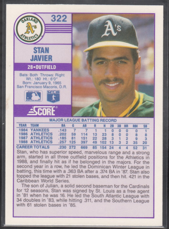 STAN JAVIER 1989 Score #322 No Copyright Promo Prototype Variation ...