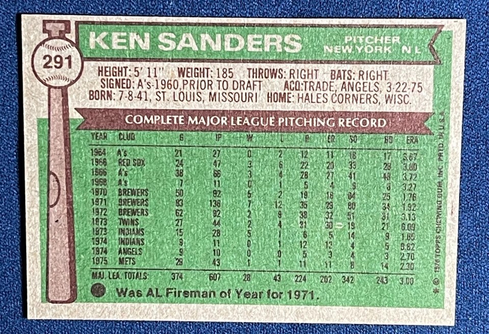 1976 TOPPS #291 KEN SANDERS (NEW YORK METS) BASEBALL CARD | eBay