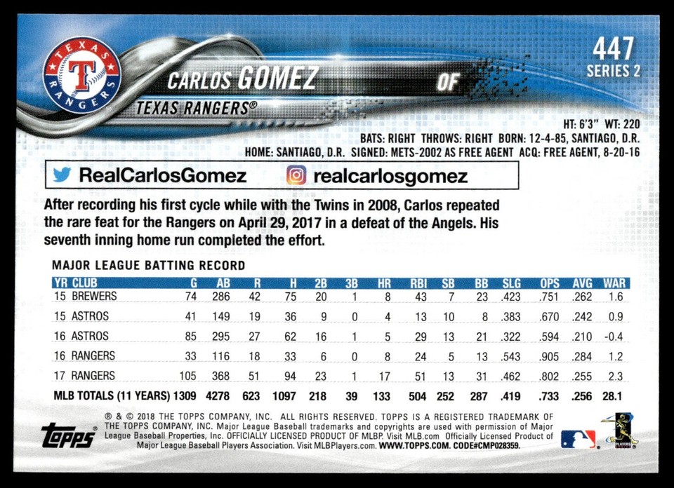 2018 Topps - Carlos Gomez #447 Rangers All Star Game Stamp SP | eBay UK