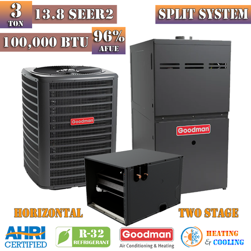R32 Goodman 3 Ton AC & Gas Furnace Split System 13.8 SEER2 96% AFUE ...