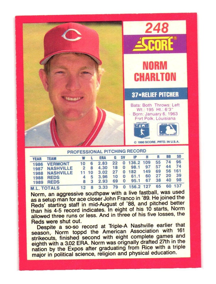 1990 Score #248 Norm Charlton Cincinnati Reds | eBay