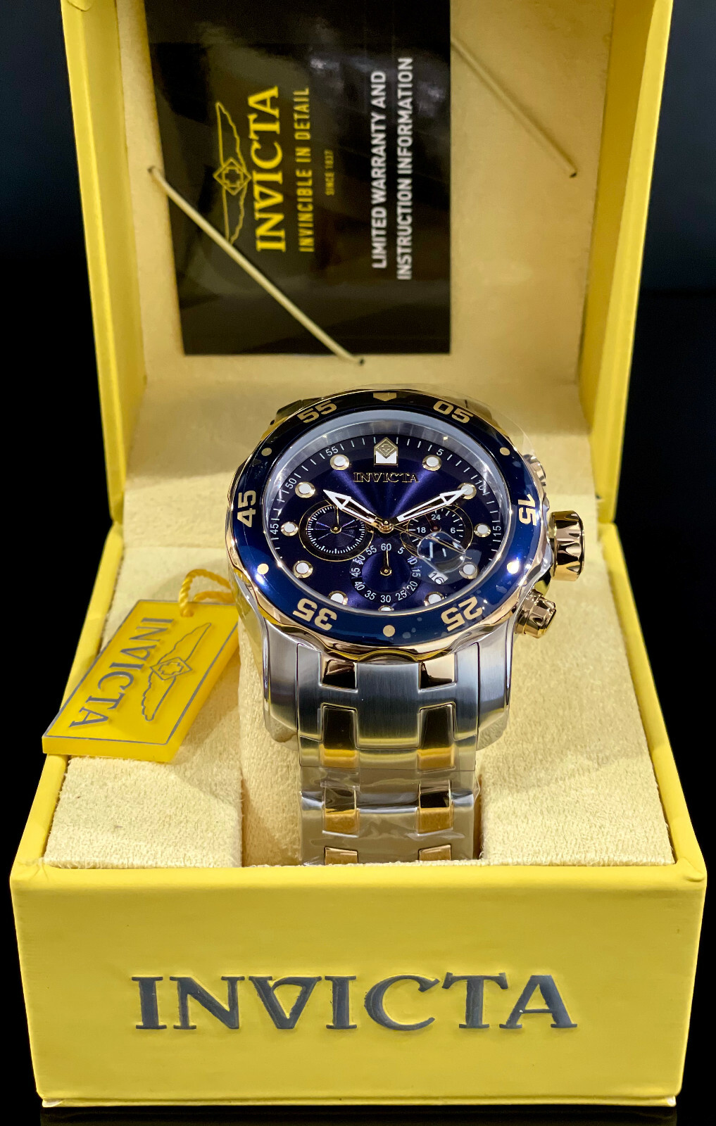 Invicta Mens PRO DIVER SCUBA Chronograph Blue Dial 18K Gold Silver SS ...