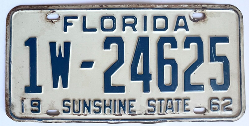 ORIGINAL VINTAGE 1962 FLORIDA SUNSHINE STATE WHITE METAL LICENSE PLATE ...